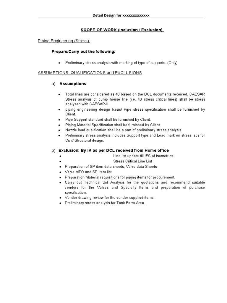ANNEX 1 SOW Assumptions XXXXXXXXXXXXXXXXXX Piping Engineering | PDF