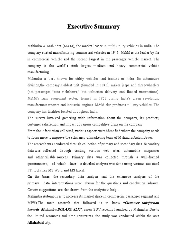 Executive Summary: Towards Mahindra BOLARO SLX", A New SUV Recently ...