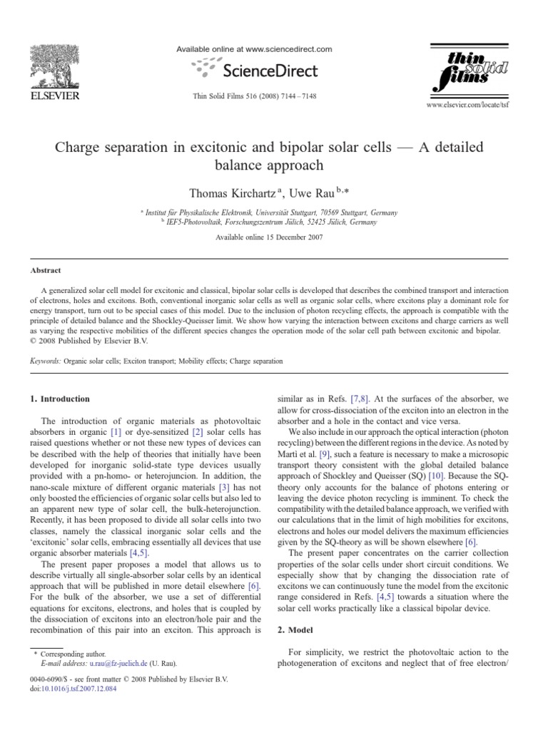 Charge Separation in Excitonic and Bipolar Solar Cells - A D | PDF ...