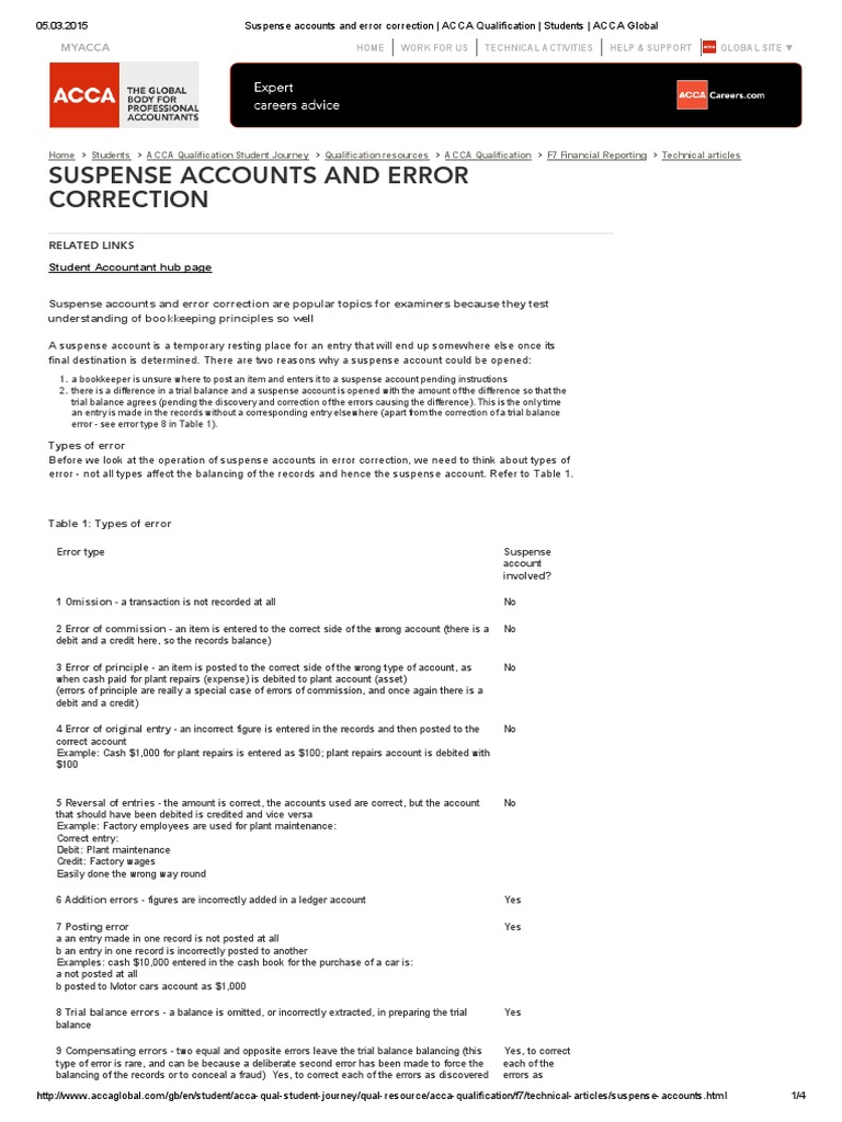 Suspense Accounts and Error Correction - ACCA Qualification - Students - ACCA Global | PDF ...