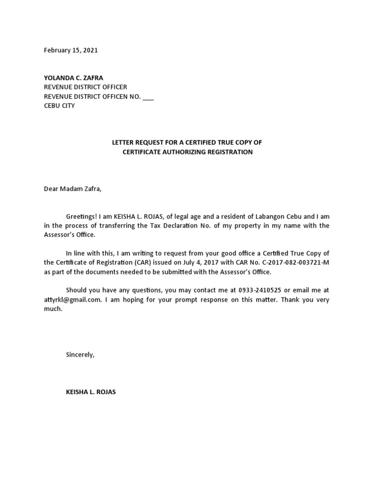 Letter Request - Certified True Copy of Car | PDF
