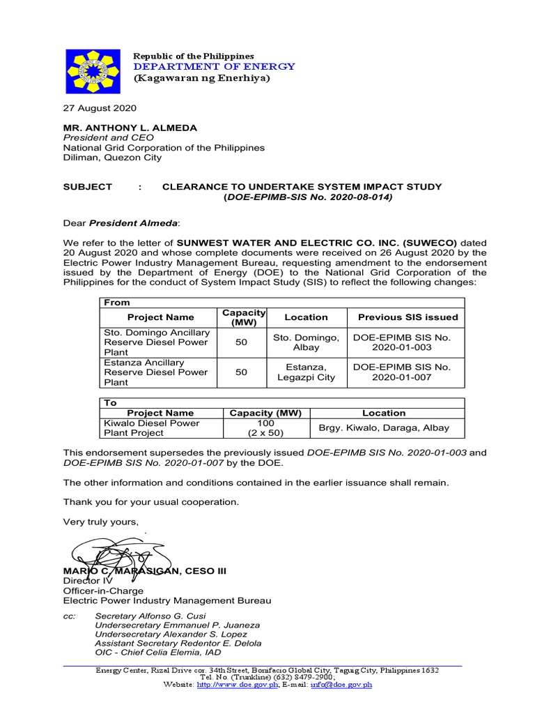 DOE Clearance To Undertake System Impact Study (SIS) | PDF ...
