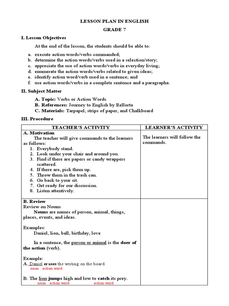 Grade 7 English Lesson Plan on Verbs | PDF | Verb | Lesson Plan