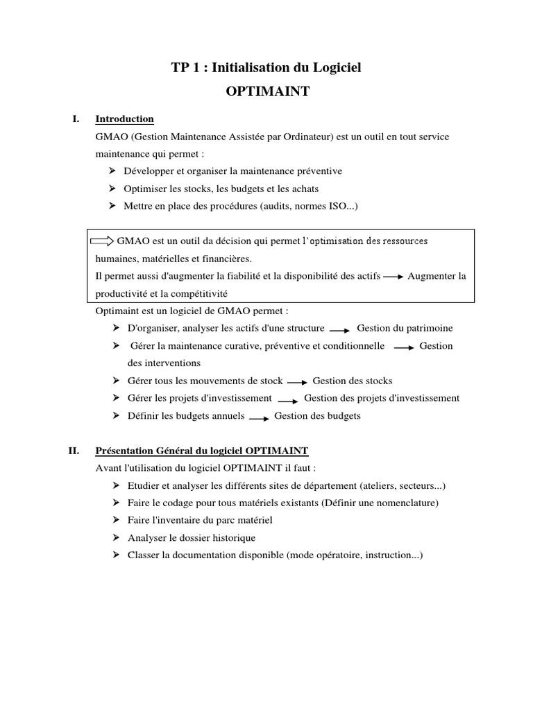 GMAO : Guide d'Utilisation d'Optimaint | PDF | Inventaire | Moteur diesel