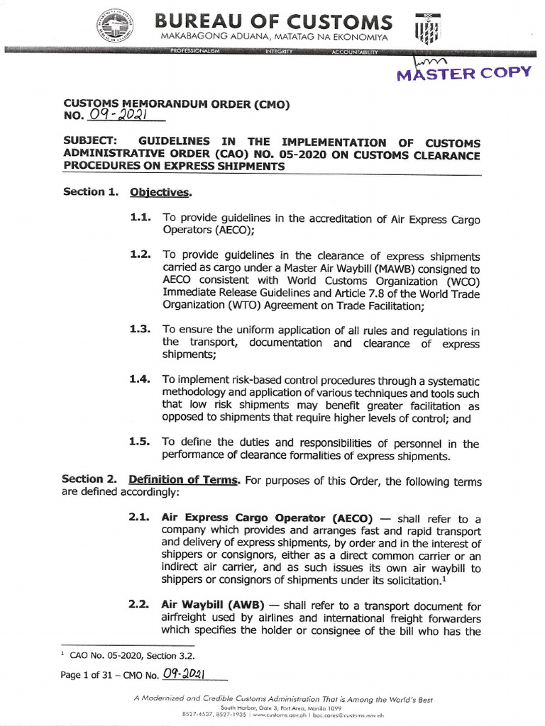 Bureau of Customs Customs Memorandum Order No. 09-2021 | PDF