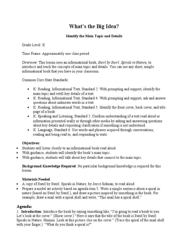 What's The Main Idea? K Lesson Plan | PDF | Syllable | Books