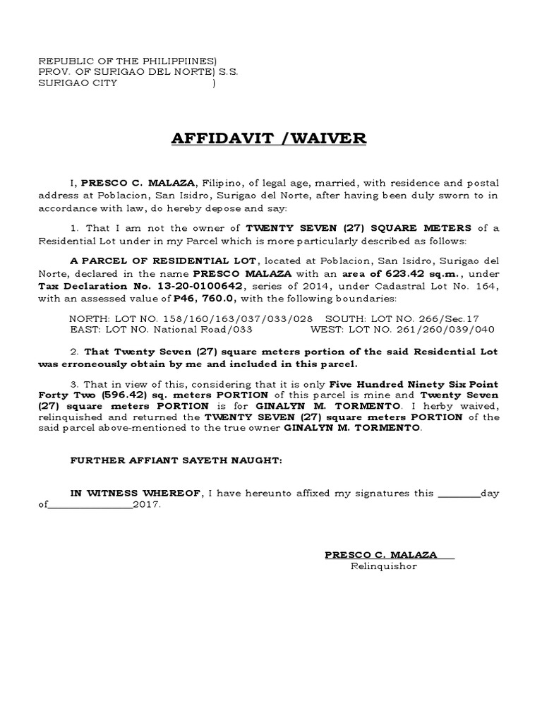 Affidavit Waiver - Ginalyn M. Tormento | PDF | Politics | Social Science