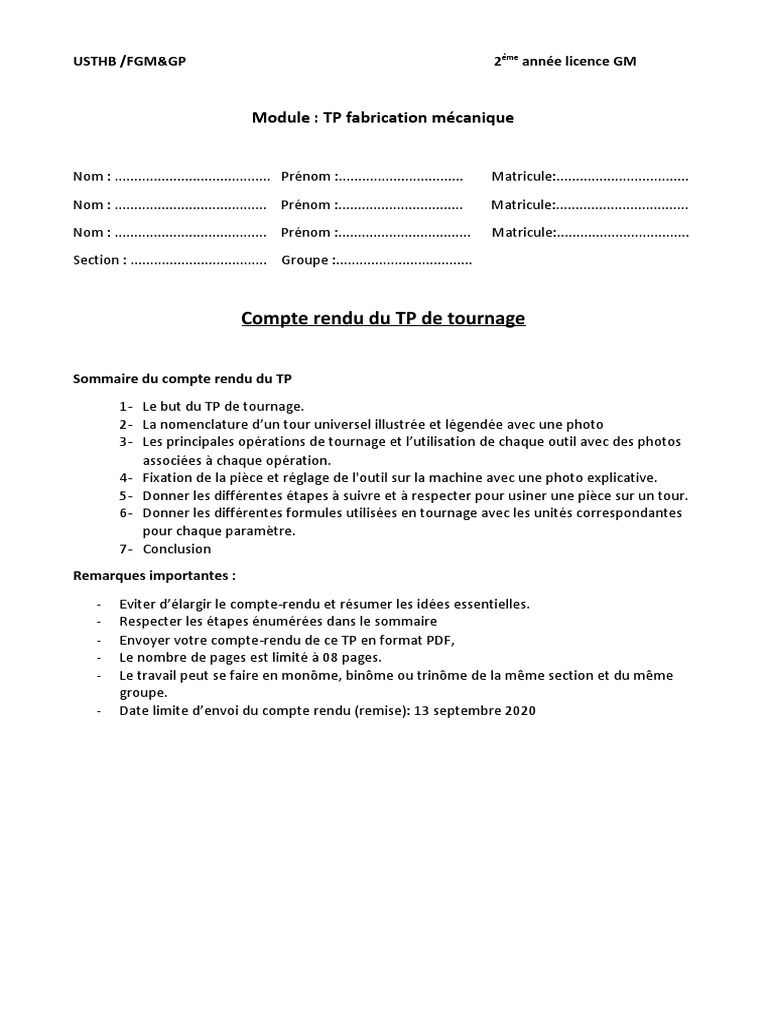 Compte Rendu TP Tournage USTHB | PDF
