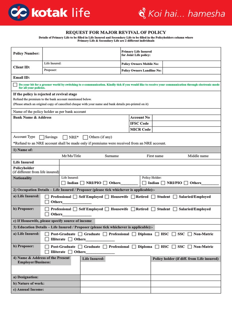 Request For Major Revival of Policy: Life Insured: Proposer | PDF ...