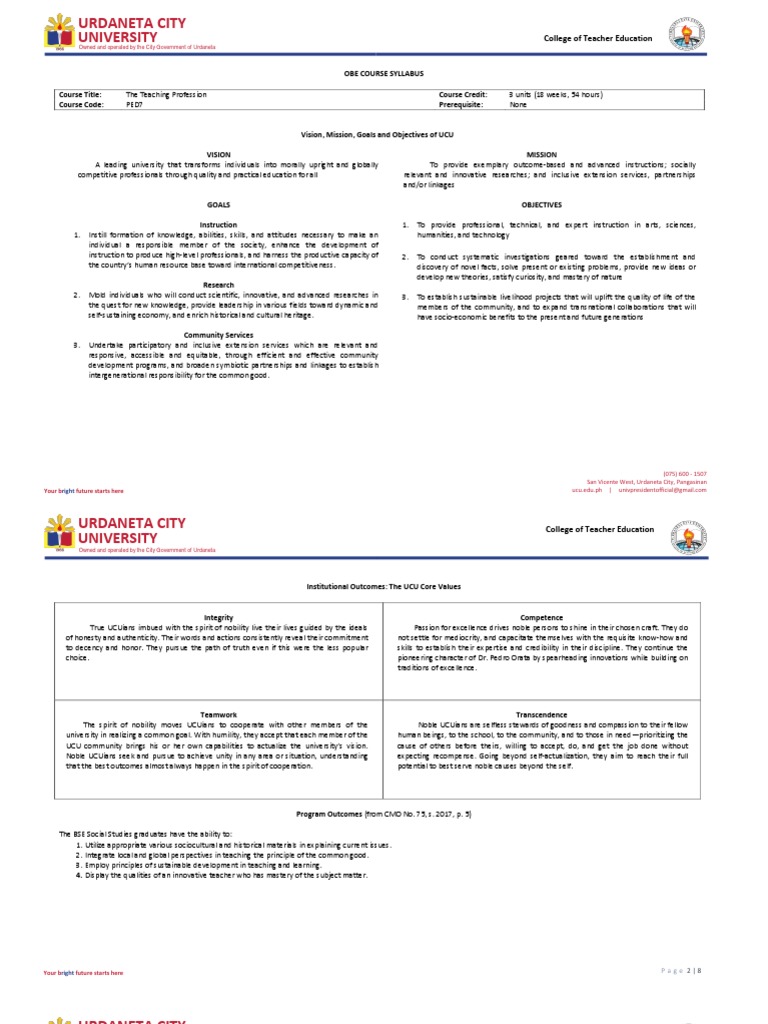 Urdaneta City University: Obe Course Syllabus Course Title: Course ...