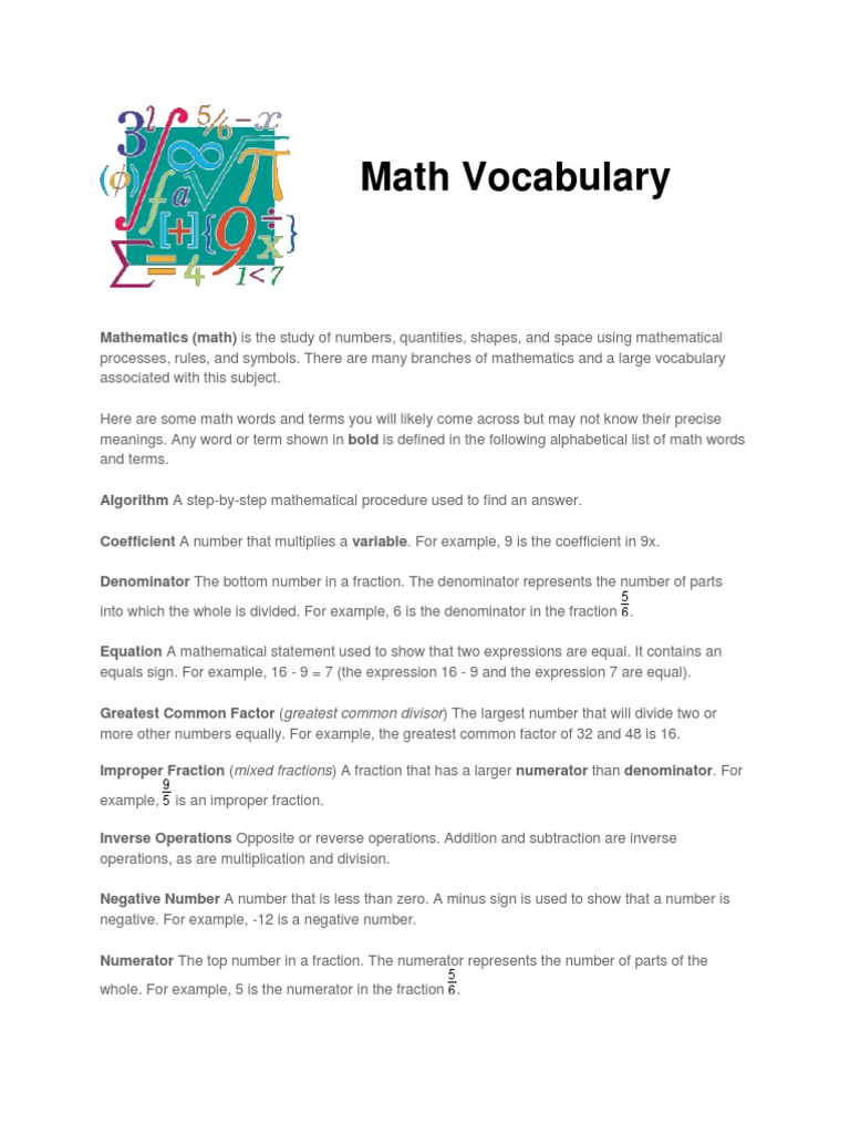 Math Vocabulary | PDF | Numbers | Mathematical Notation