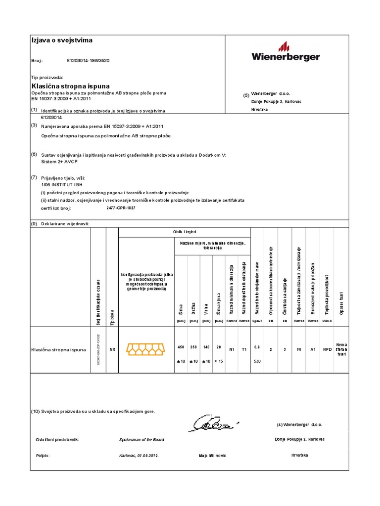 HR MKT TEC WAL POR Klasična Stropna Ispuna Izjava o Svojstvima | PDF