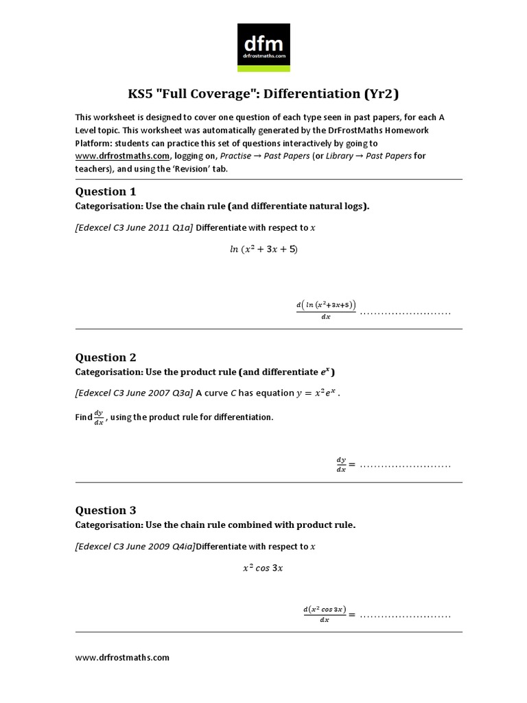 KS5 "Full Coverage": Differentiation (Yr2) : (Edexcel C3 June 2011 Q1a) | PDF | Curve | Equations
