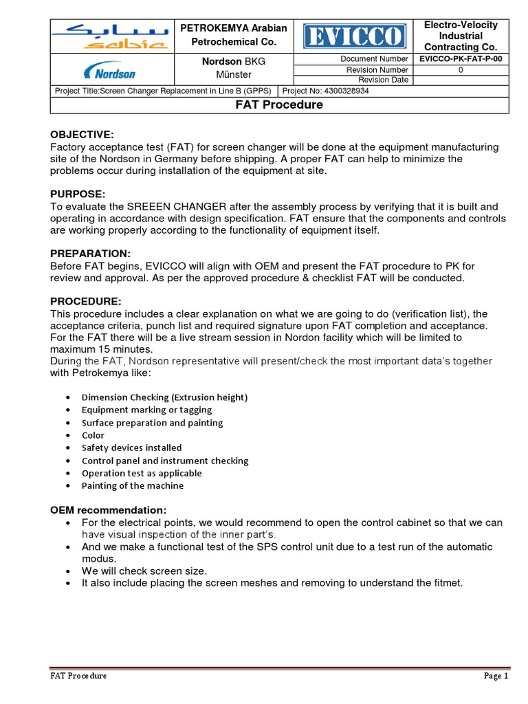 FAT Procedure & Checklist | PDF | Verification And Validation