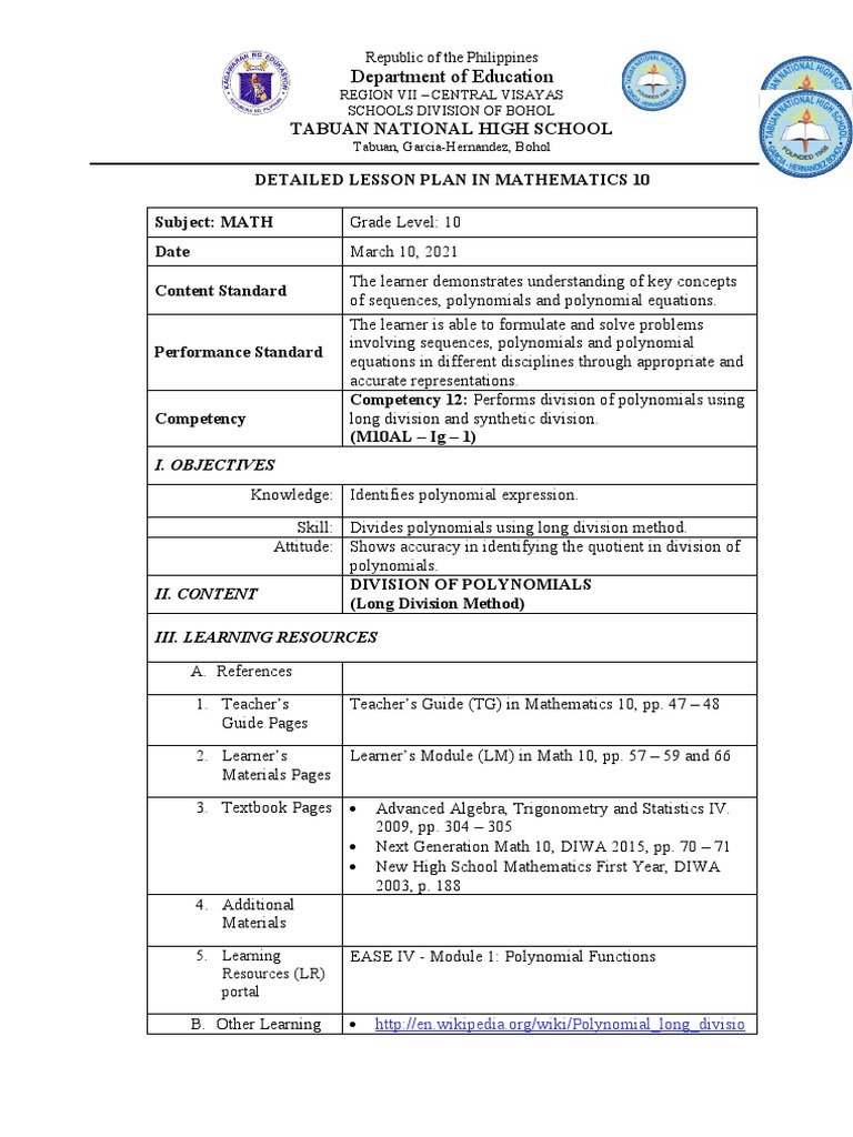 Department of Education: Detailed Lesson Plan in Mathematics 10 Subject: MATH Date Content ...