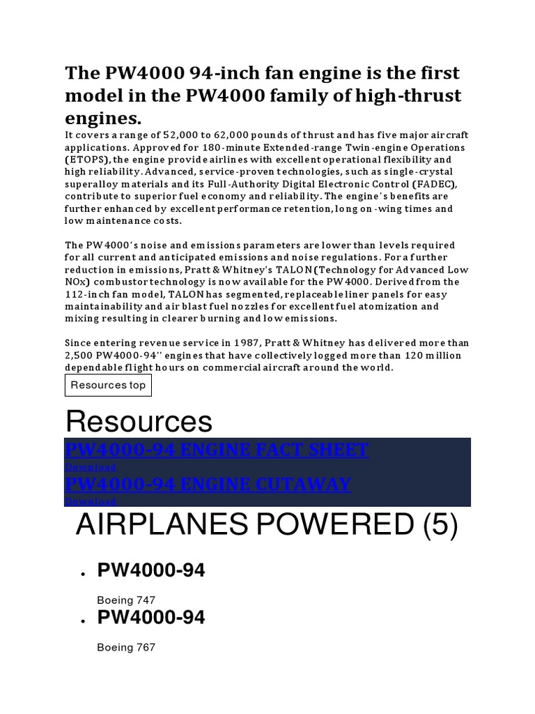 Resources: The PW4000 94-Inch Fan Engine Is The First Model in The ...