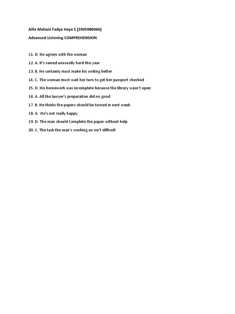 Advanced Listening Comprehension Answers | PDF