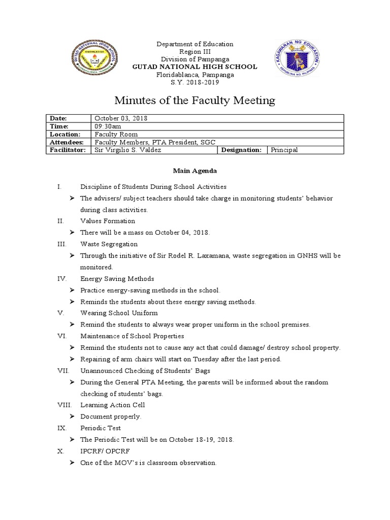 Faculty Meeting Minutes Overview | PDF | Teachers