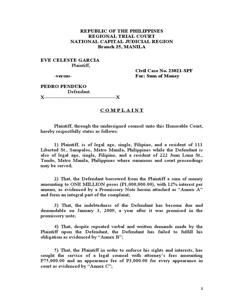 Complaint Collection For Sum of Money | PDF | Government Institutions ...