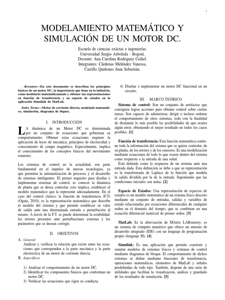 Modelamiento Matematico y Simulaci N de Un Motor DC Cardenas Carrillo | PDF | Motor eléctrico ...