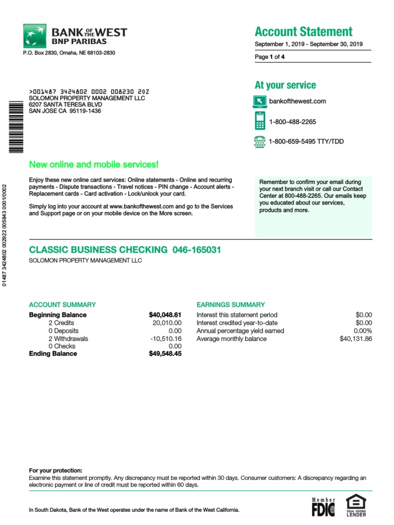 Bank of The West BNP Paribas2 Statement | PDF