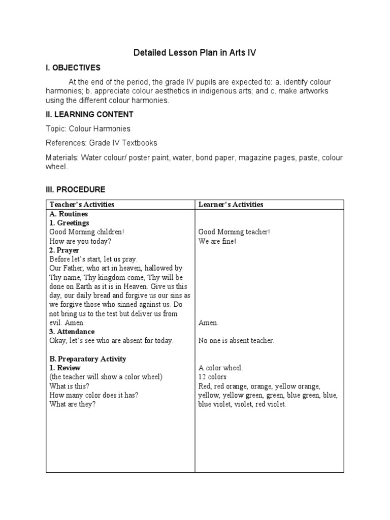 Detailed Lesson Plan in Arts IV | PDF | Yellow | Blue