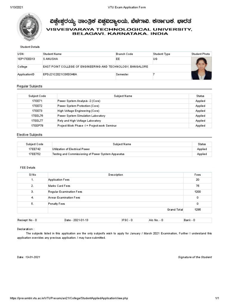 VTU Exam Application Form Anusha S | PDF | Electromagnetism ...