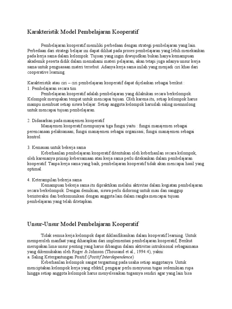 Karakteristik Model Pembelajaran Kooperatif | PDF | Karier & Perkembangan | Pengembangan Diri