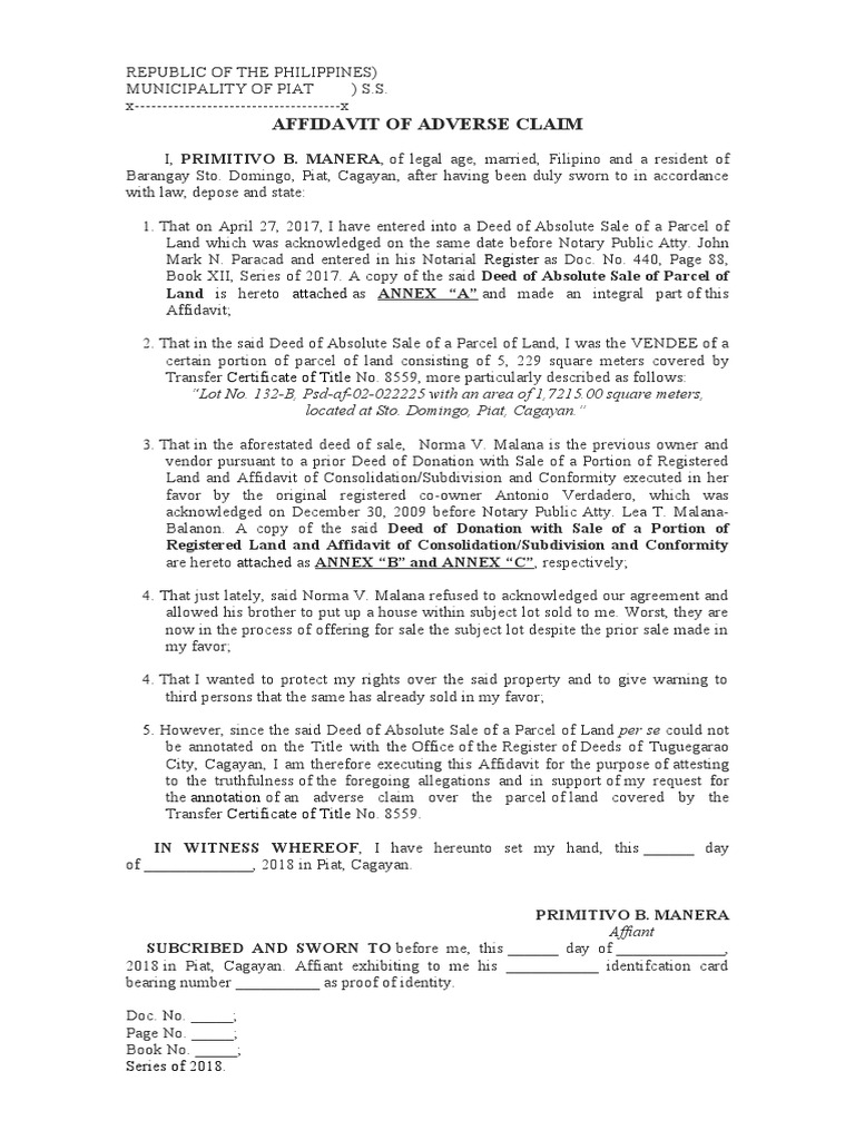 Affidavit of Adverse Claim in Piat | PDF | Affidavit | Property Law