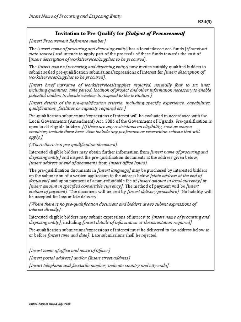 Invitation To Pre-Qualify For (Subject of Procurement) : Notice Format ...