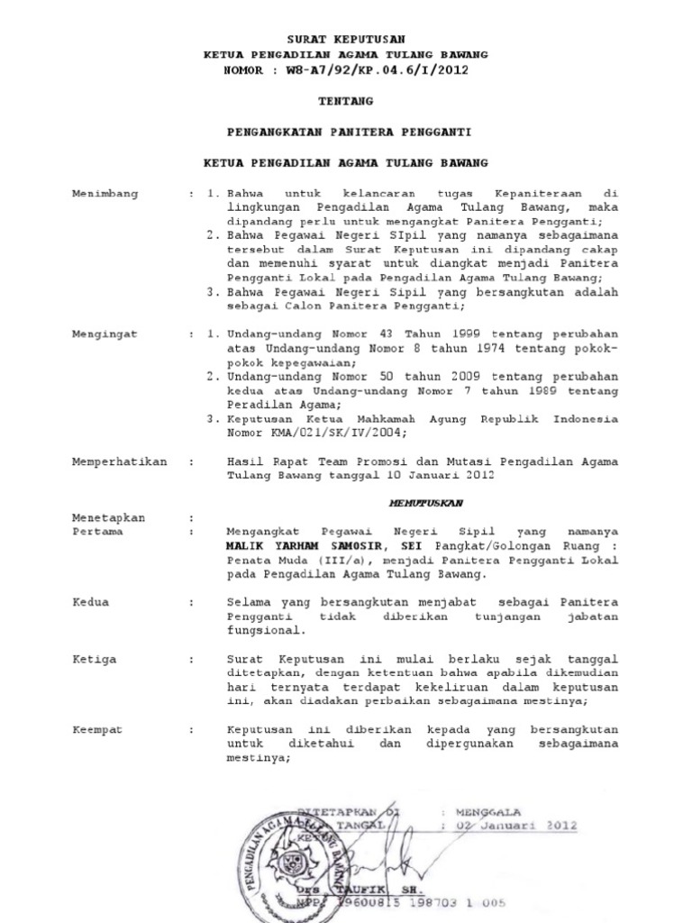 SK Pengangkatan Pns Pangkat Lokal | PDF