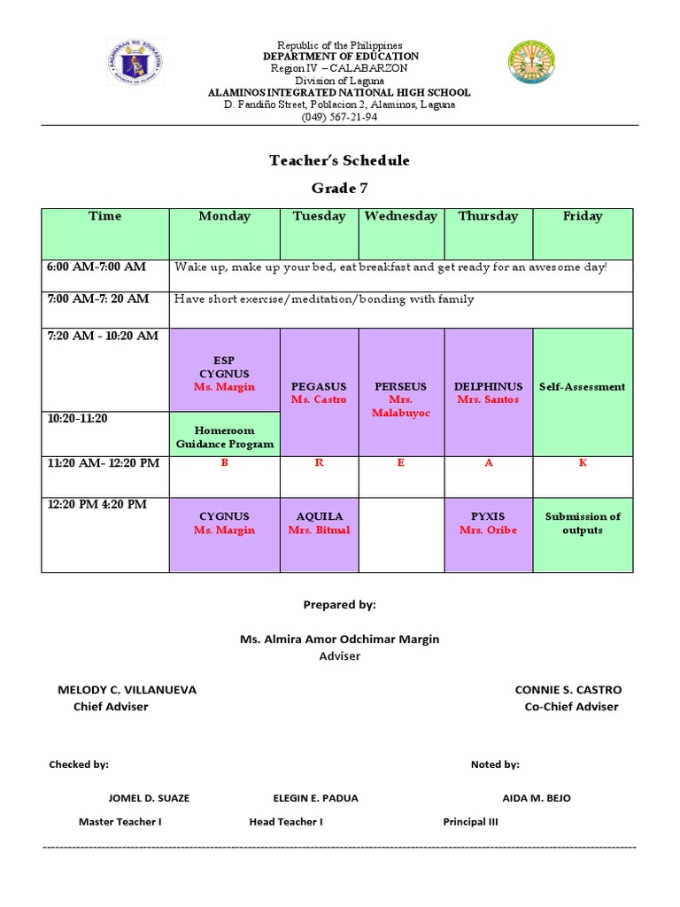Teacher's Schedule Grade 7: Time Monday Tuesday Wednesday Thursday ...