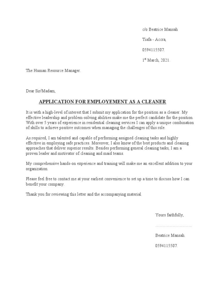 Application As A Cleaner | PDF