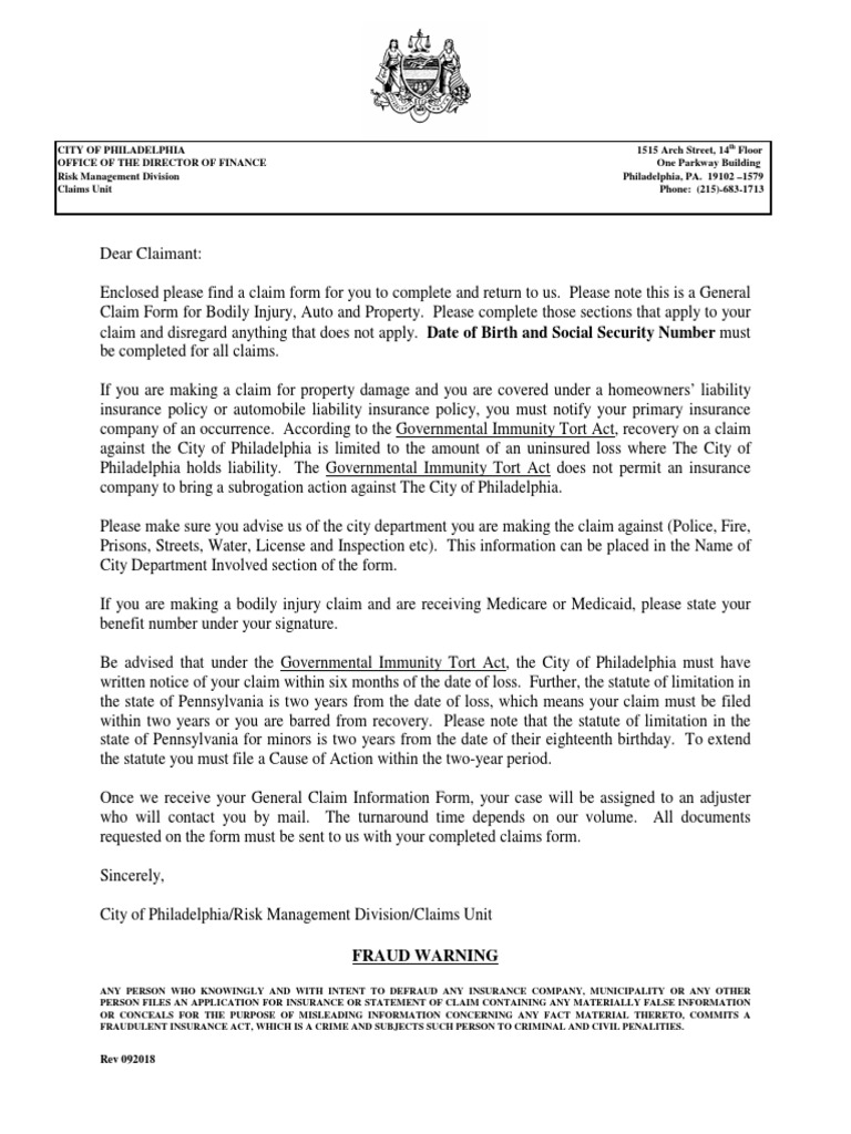 Pothole Claim Form in Philadelphia | PDF | Fraud | Liability Insurance