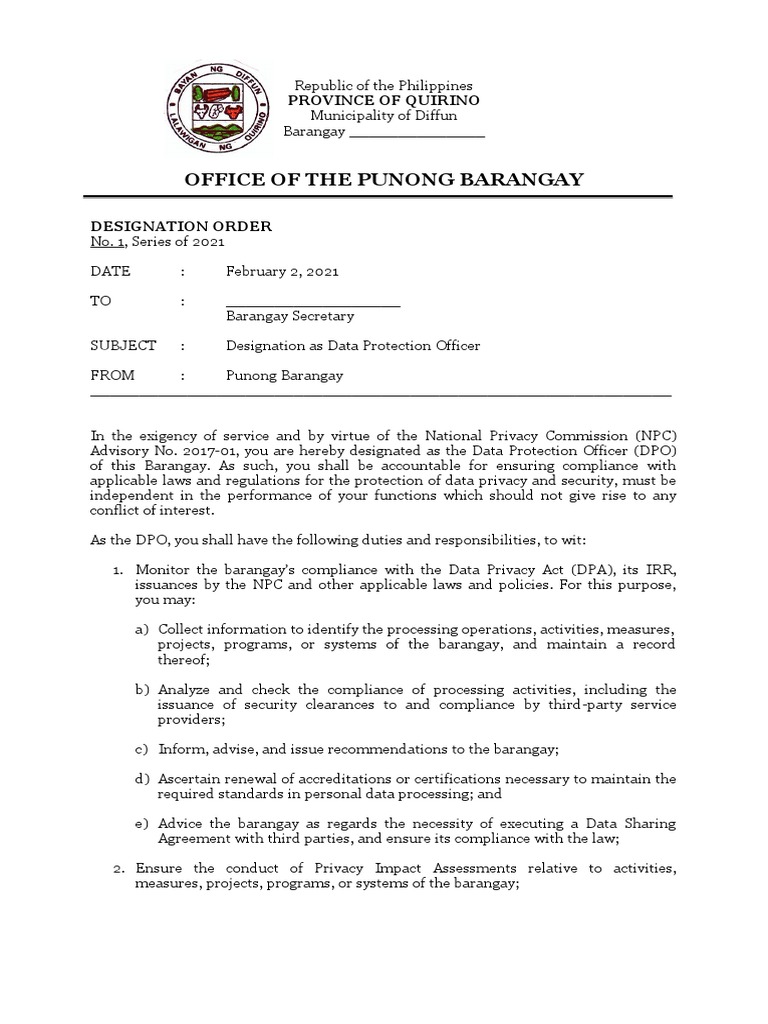 DESIGNATION ORDER Data Protection Officer | PDF | Information Privacy ...