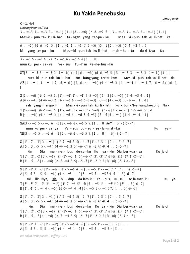 Ku Yakin Penebusku - Partitur Not Angka SATB | PDF