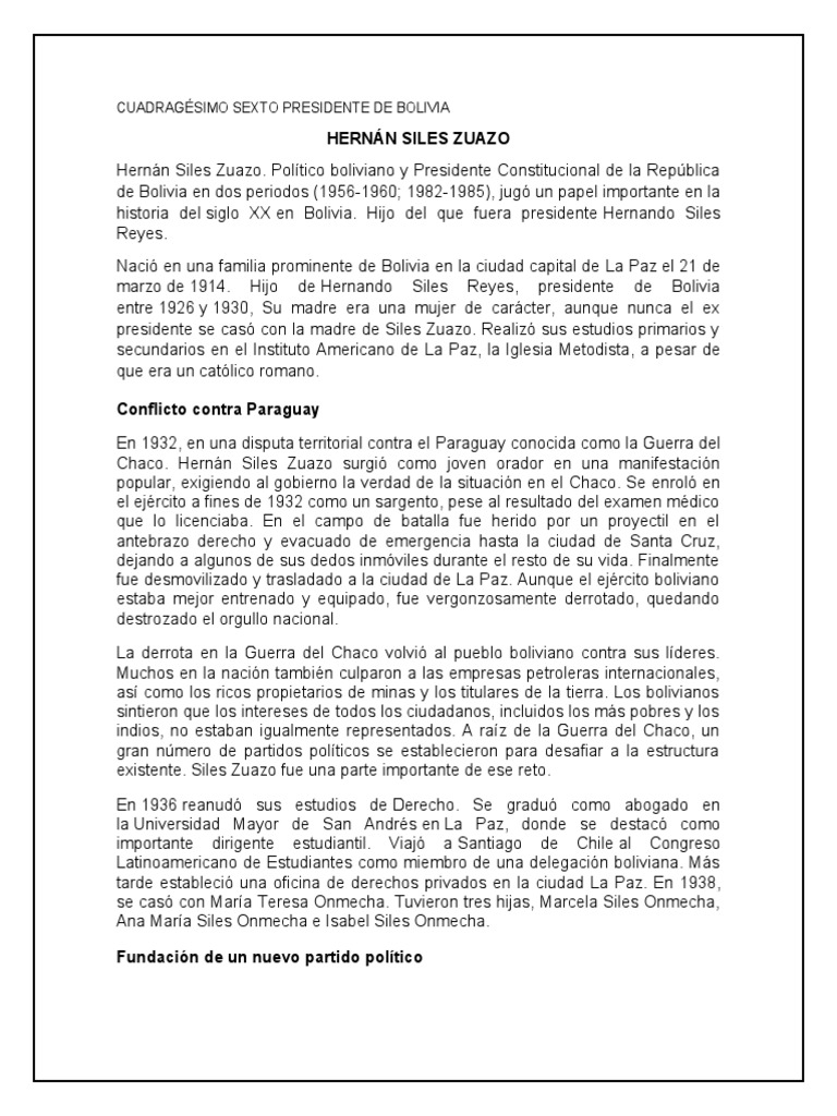 Hernán Siles Zuazo: Presidente Boliviano | PDF | Bolivia | Gobierno