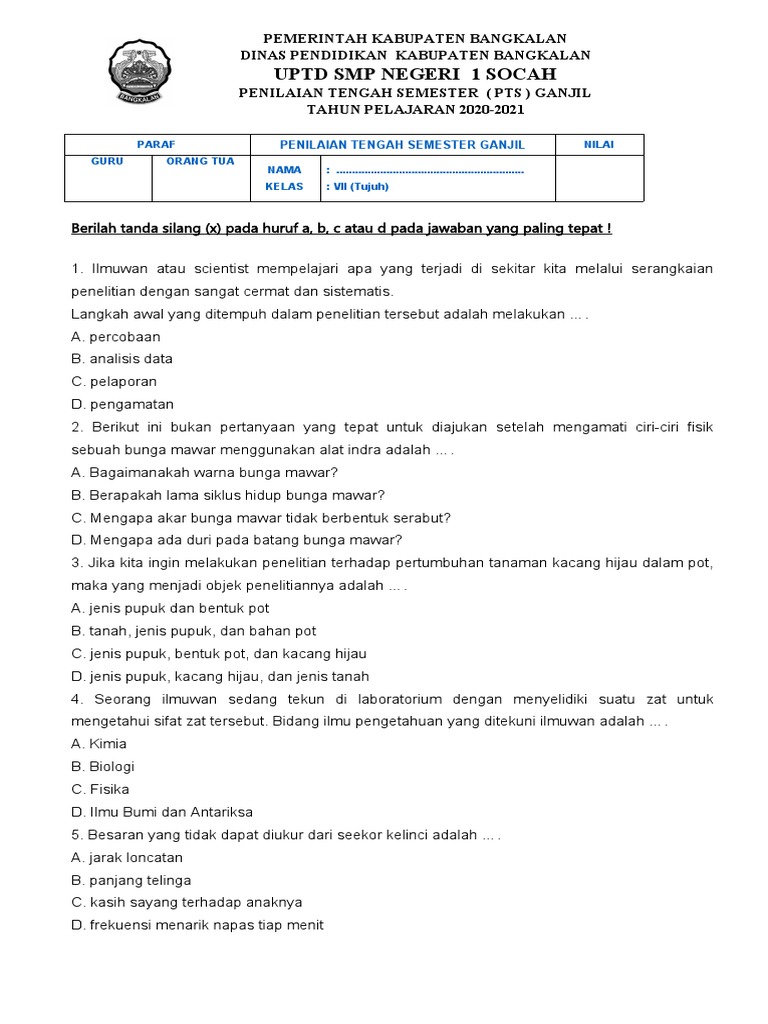 7 - Soal PTS IPA Kelas 7 Semester 1 | PDF
