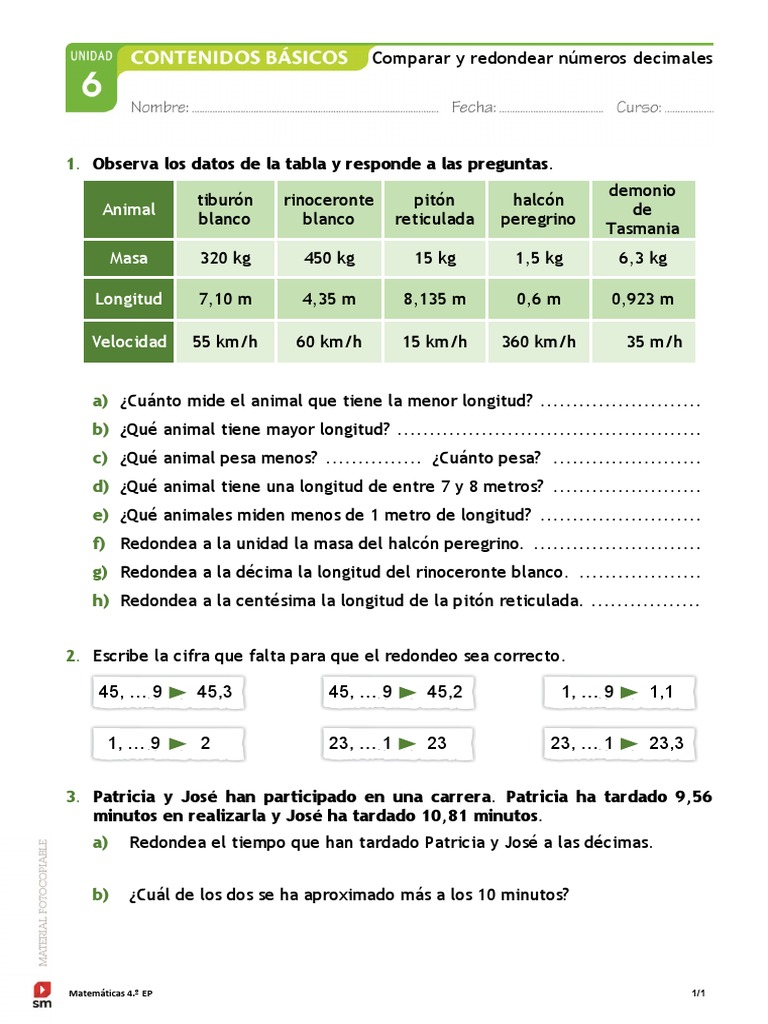 Tema 6. Comparar y Redondear Números Decimales | PDF