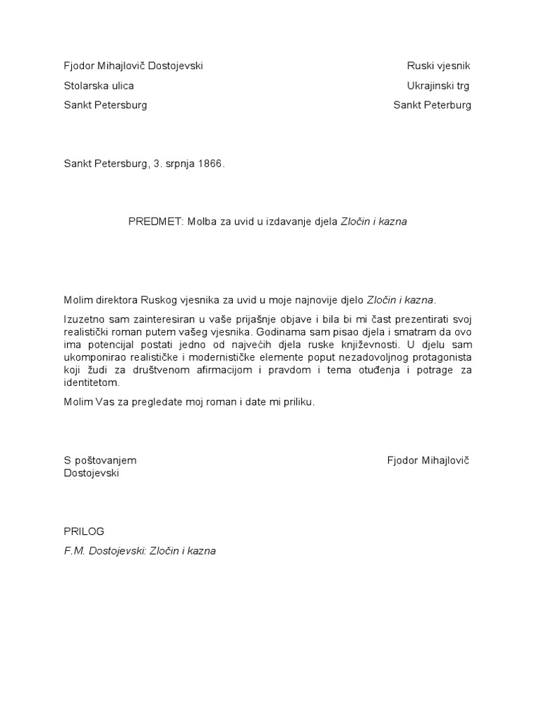 MOLBA Zločin I Kazna Marin Mijić 3.e | PDF