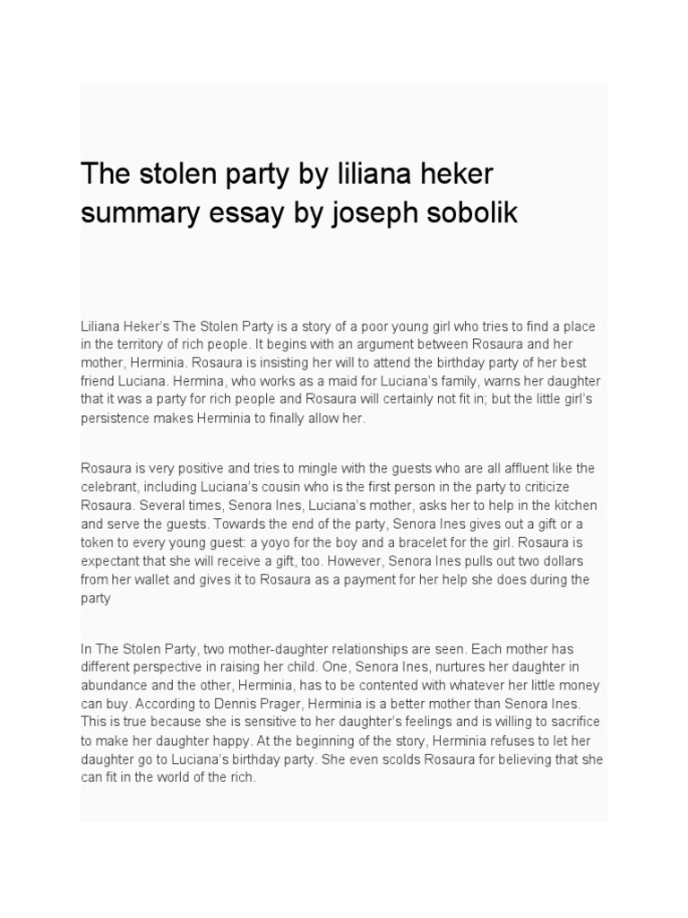 The Stolen Party by Lilana Heker Summary Essay by Joseph Sobolik | PDF