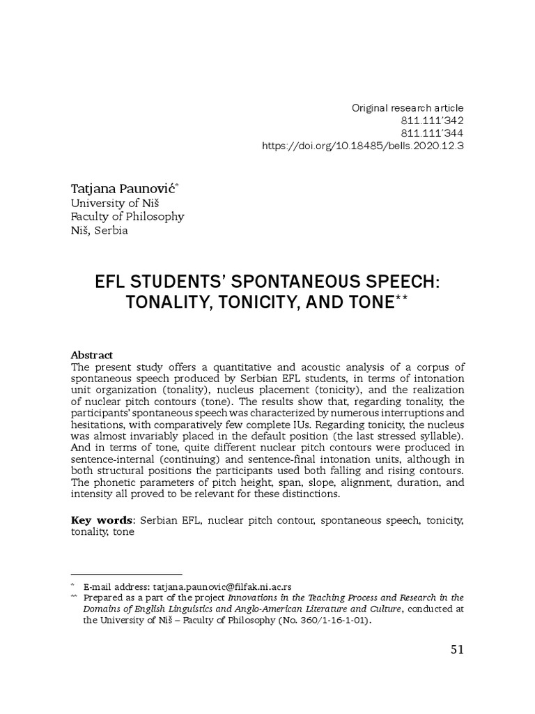 Efl Students' Spontaneous Speech: Tonality, Tonicity, and Tone | PDF ...
