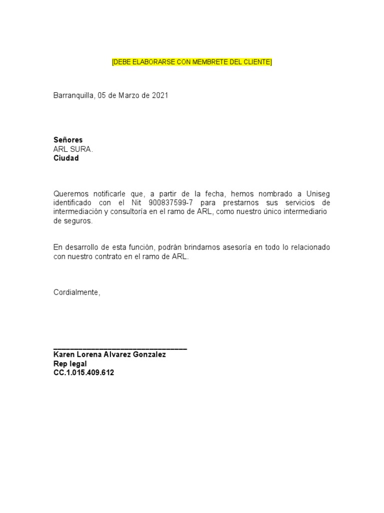 Formato Carta Nombramiento ARL | PDF