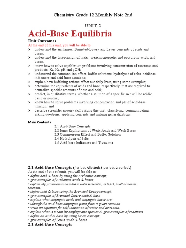 Acid-Base Equilibria: Chemistry Grade 12 Monthly Note 2nd UNIT-2 ...
