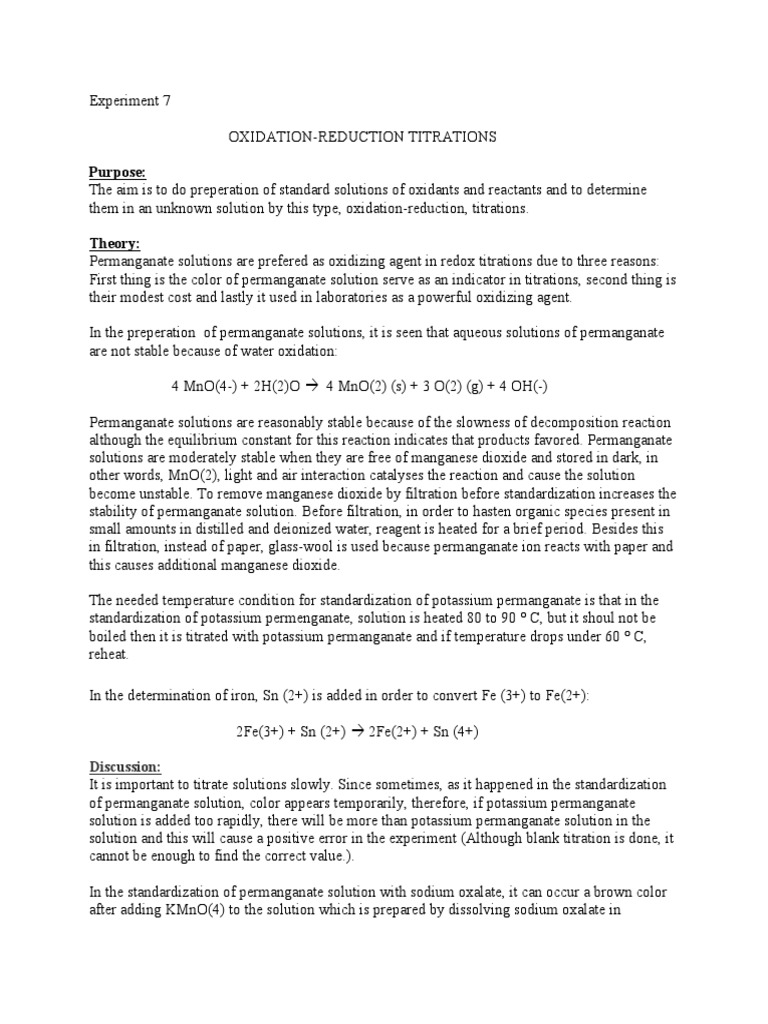 Experiment 7 Oxidation Reduction Titrations | PDF | Titration | Chemistry