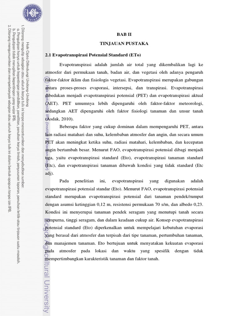 BAB II TINJAUAN PUSTAKA. 2.1 Evapotranspirasi Potensial Standard (ETo) | PDF | Kesehatan ...