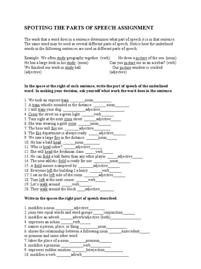 SPOTTING THE PARTS OF SPEECH ASSIGNMENT (Gaurav) | PDF | Part Of Speech ...