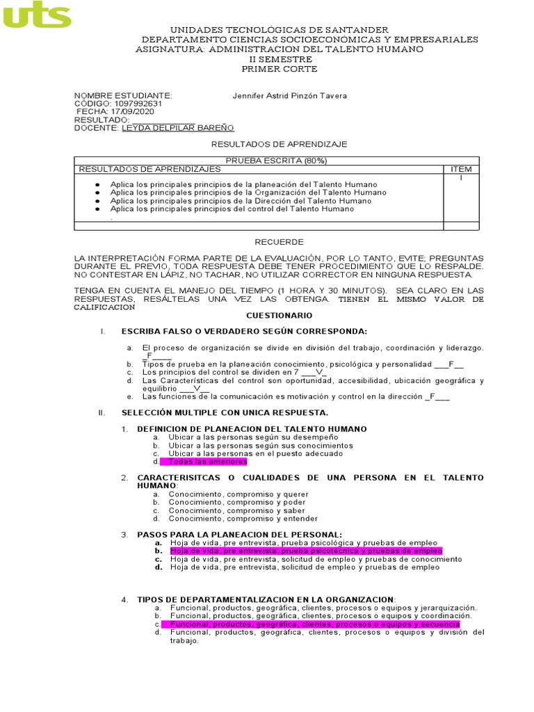 Parcial Jennifer Pinzon | PDF | Planificación | Liderazgo