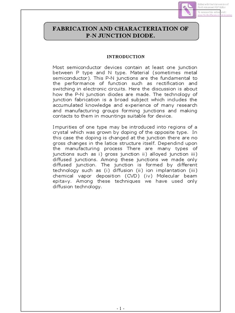 Fabrication and Characteriation of P-N Junction Diode | PDF | Photolithography | Semiconductor ...
