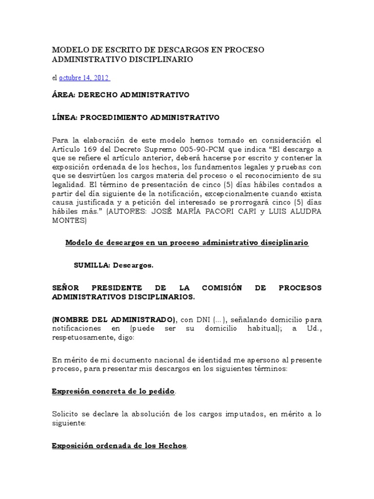 Modelo De Escrito De Descargos En Proceso Administrativo Disciplinario